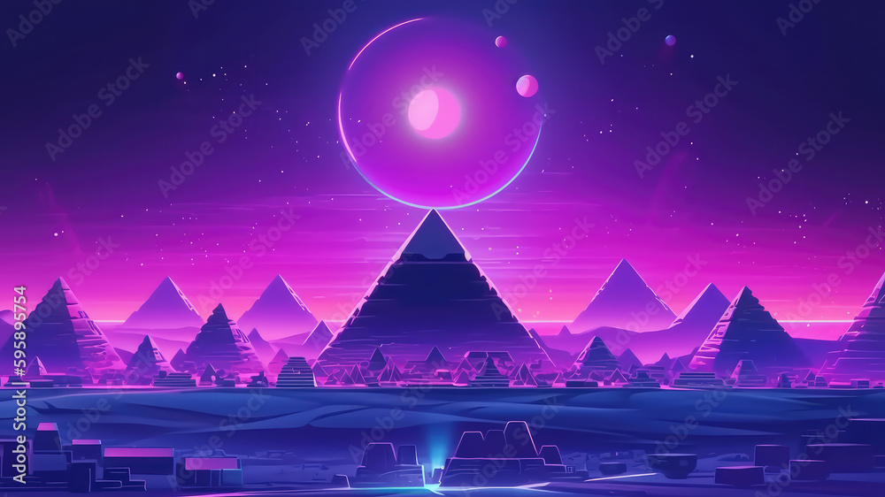 Night moon futuristic neon cairo egypt city with pyramid background ...