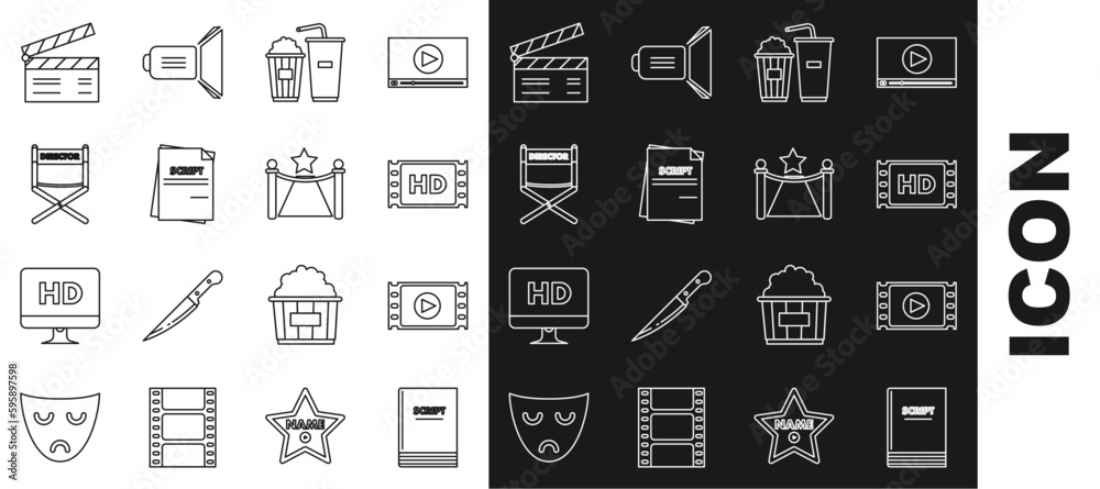 Set line Scenario, Play Video, 4k movie, tape, frame, Popcorn and soda ...