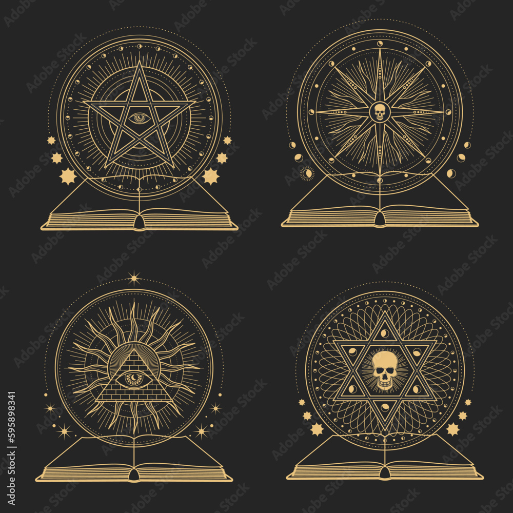 Occult and esoteric magic symbols with books. Satan pentagram esoteric ...