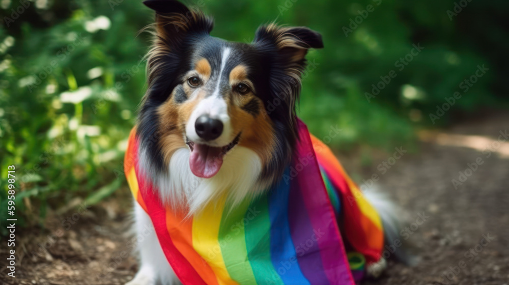 Funny cute puppy dog border collie in LGBT rainbow blanket. Dog Gay ...