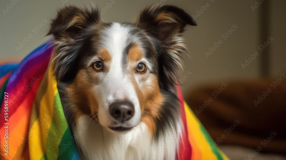 Funny cute puppy dog border collie in LGBT rainbow blanket. Dog Gay ...