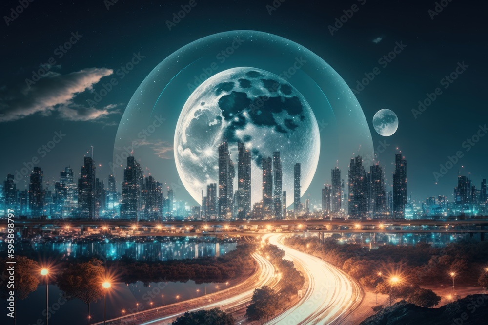 Smart city at night with a large looping full moon in the background in ...