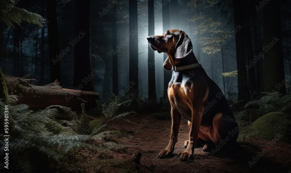 Coonhound Howling in the Moonlight Amid a Dense Forest. This ...