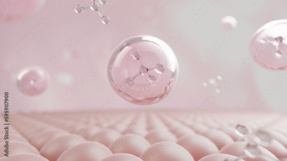 3d rendering molecule glass inside bubble drop above pink sphere skin ...