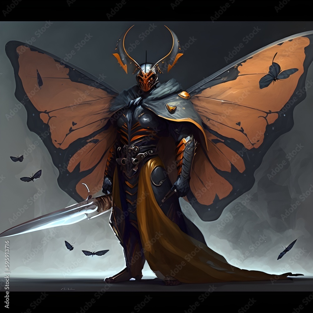 humanoid insect swordsman butterfly wings as a cape muscular fearsome ...