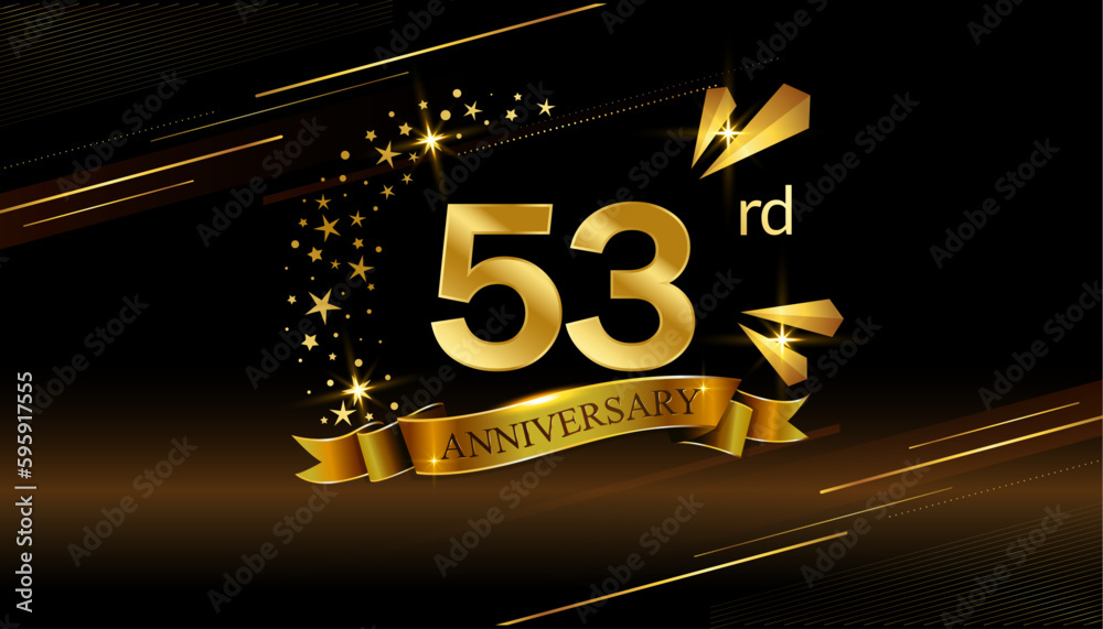 53rd anniversary logo with golden ring, confetti and Gold ribbon ...