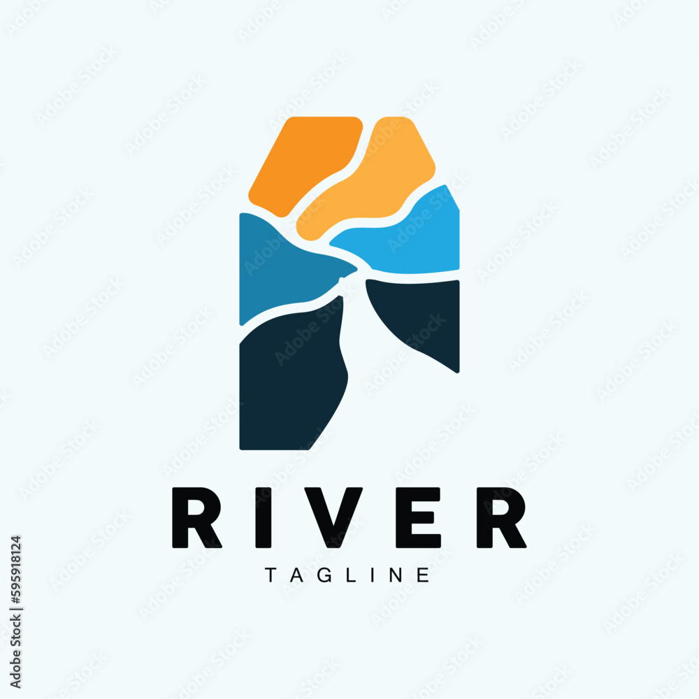 River Logo, Streamer Vector, River Bank, Mountains And Farm Design ...