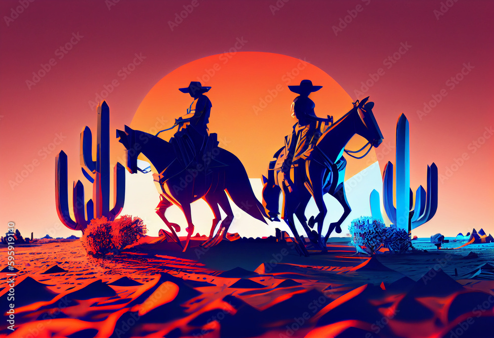 The image captures a group of rugged cowboys riding their horses across ...