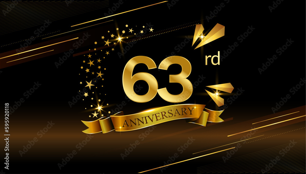 63rd anniversary logo with golden ring, confetti and Gold ribbon ...