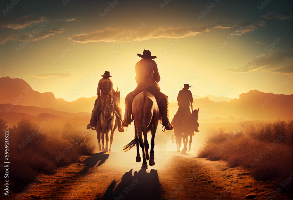 The image captures a group of rugged cowboys riding their horses across ...