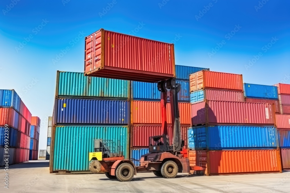 Container stacker crane lifting up stacking container box in yard ...