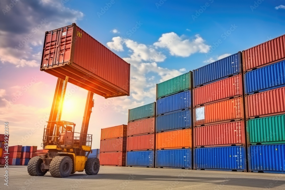 Container stacker crane lifting up stacking container box in yard ...