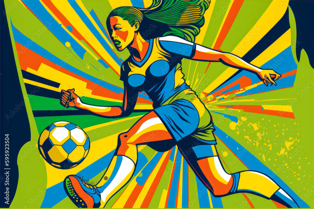 A young woman playing soccer is depicted in a mixed realism/vectorial ...