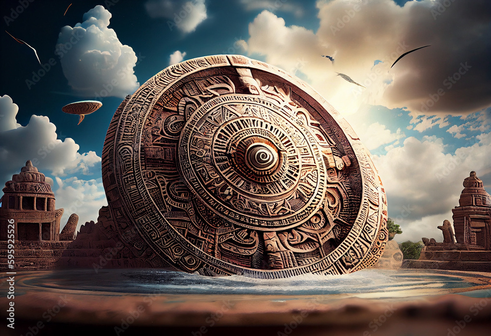 An illustration of an Aztec calendar, featuring complex symbols and ...