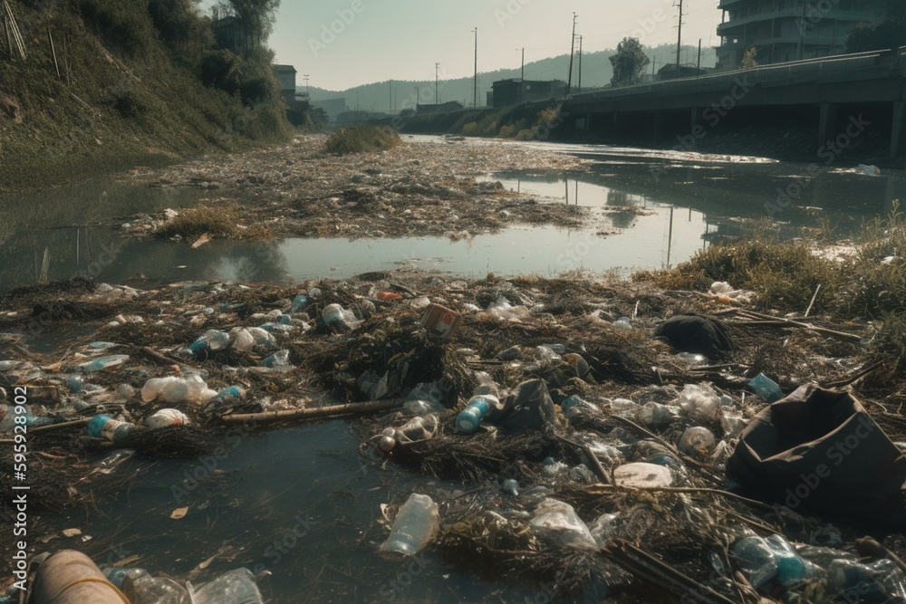 River pollution with high levels of garbage and other debris creating ...