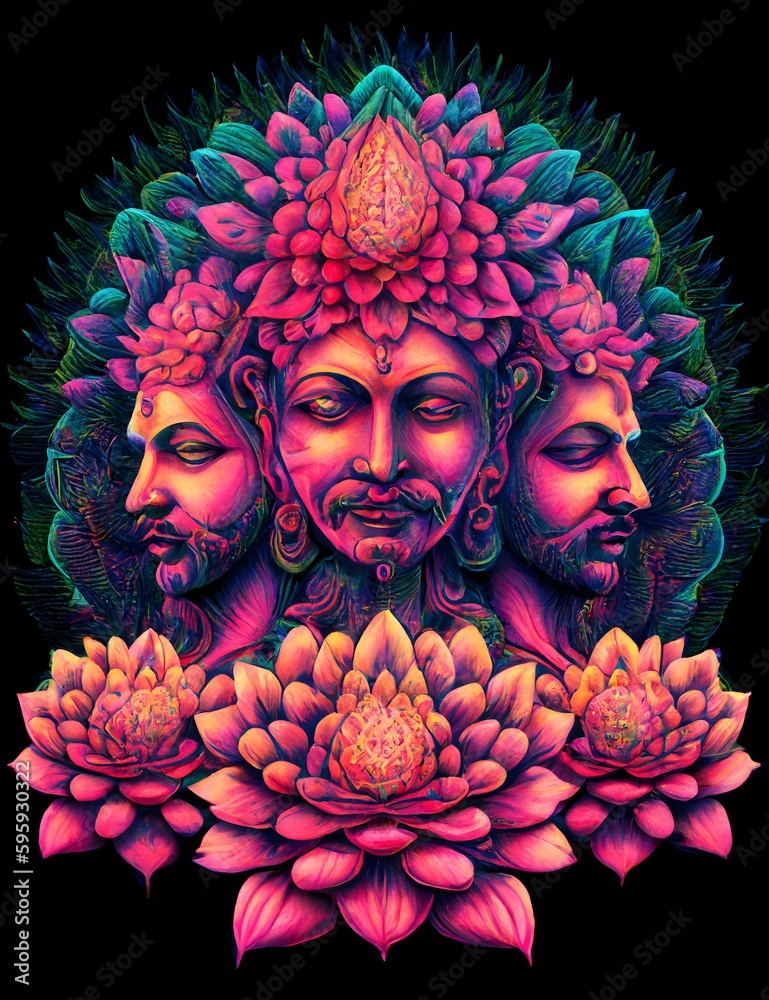 tripleheaded lord brahma with three heads on pink lotus in a DMT jungle ...