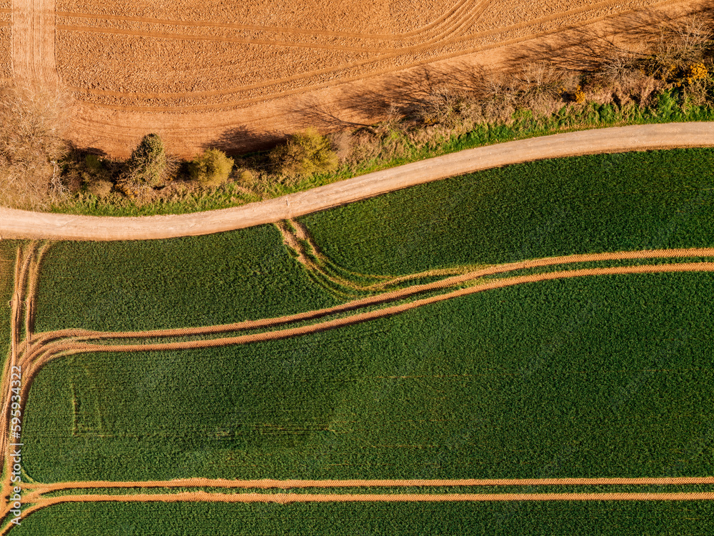 The top-down aerial view captures the picturesque Irish countryside ...