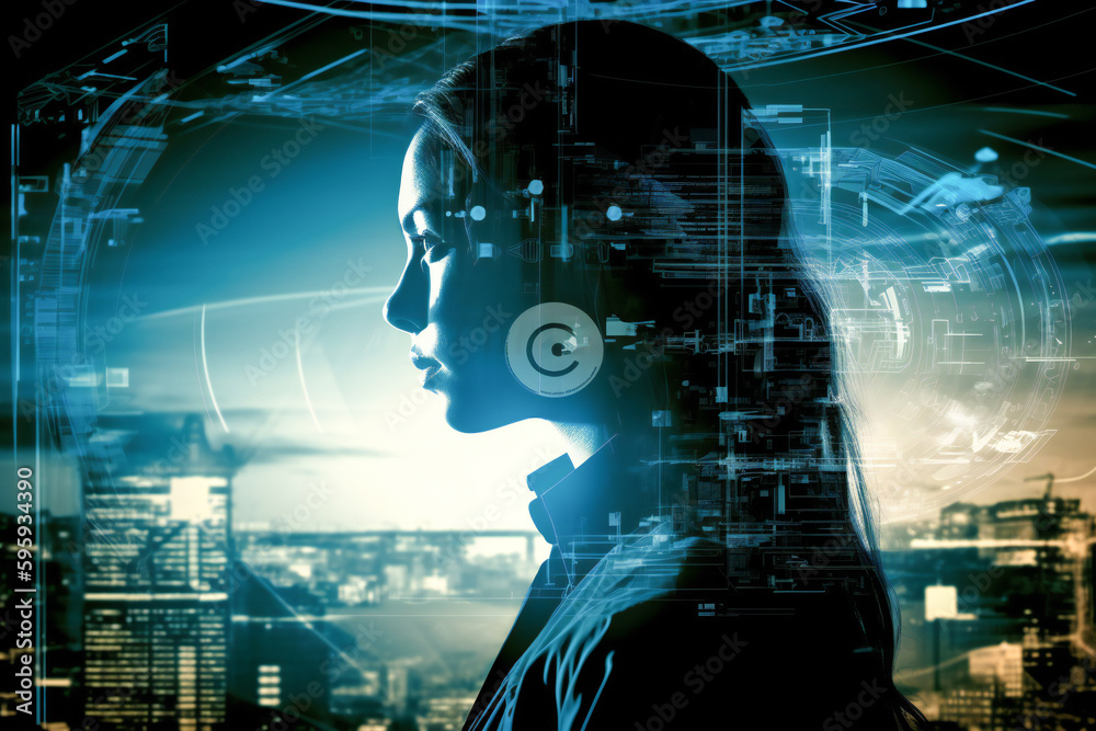 Young woman head with generic technology circuits over. Concept of ...