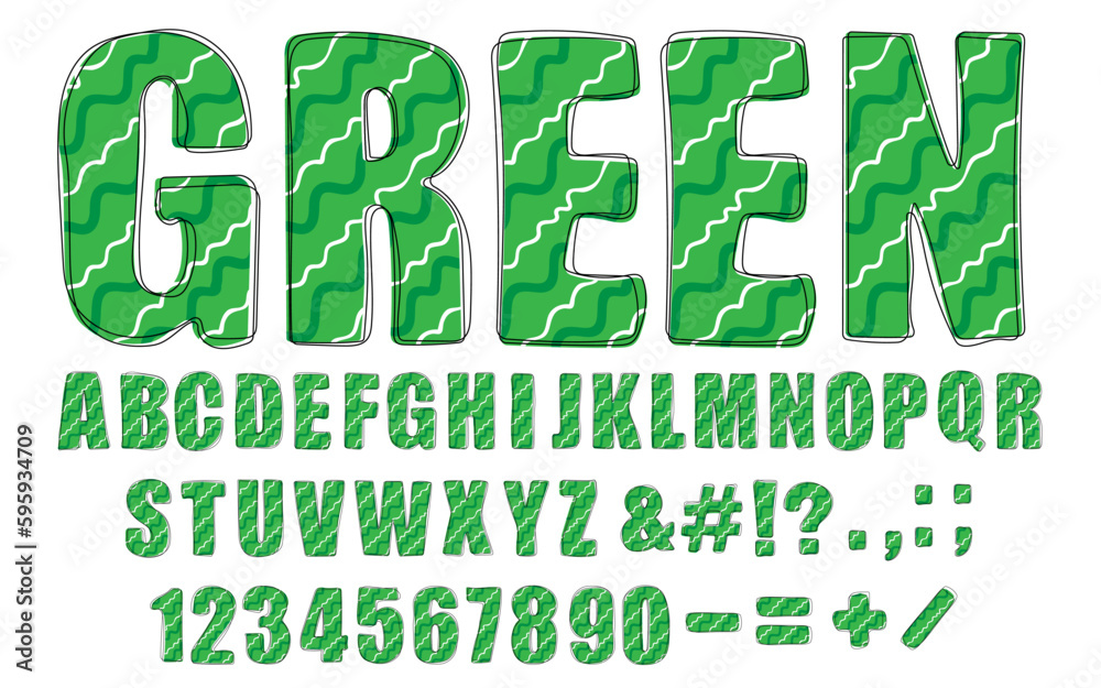 Green trendy alphabet. Hand drawn doodle font with green wavy pattern ...