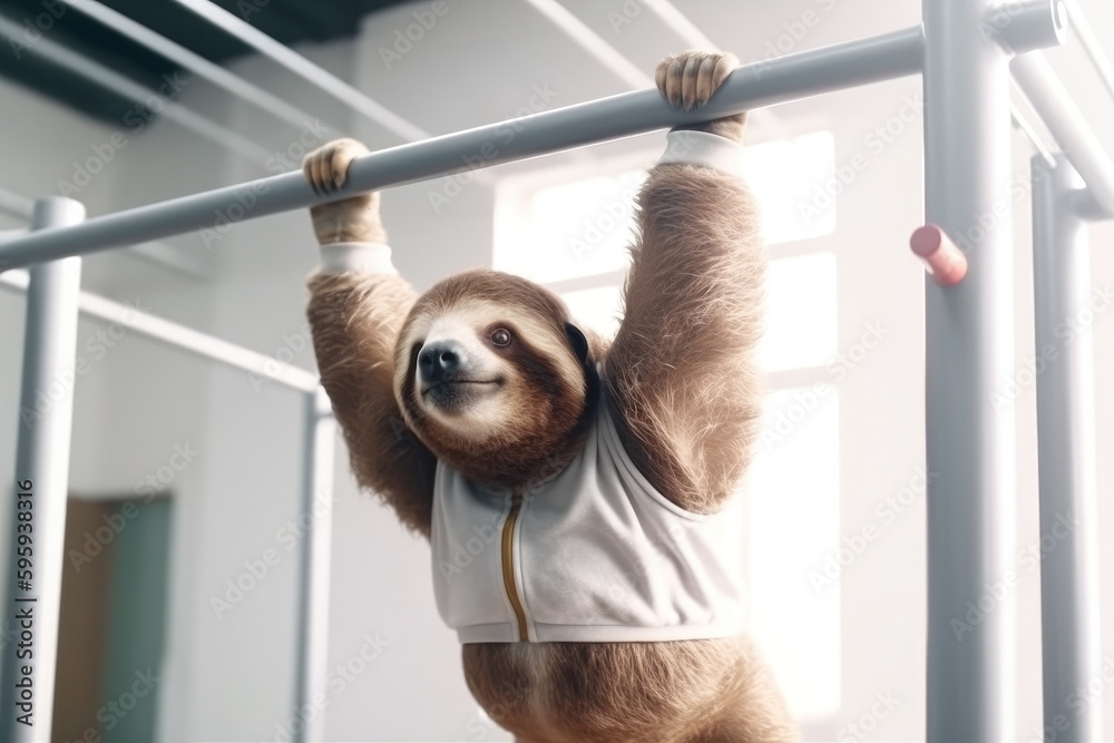 Sports sloth like an athlete making pull up on horizontal bar in gym ...