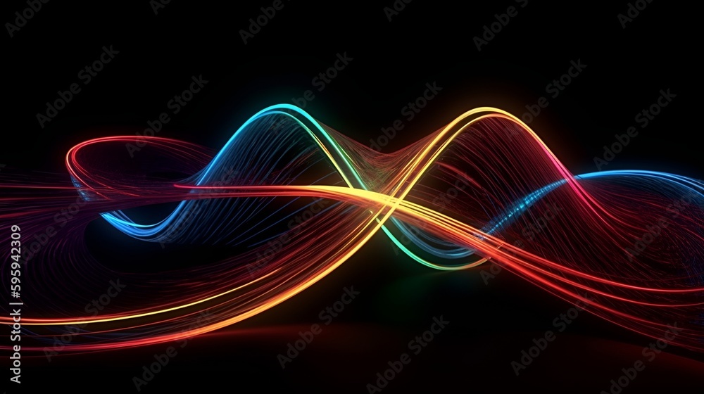 3d rendering, colorful neon curvy line with loops glowing in the dark ...