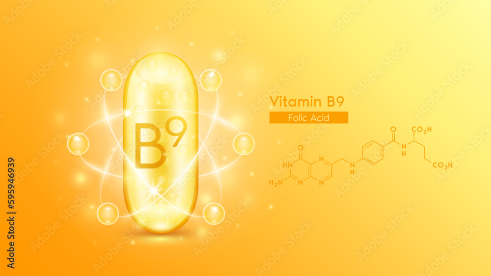 Gold oil capsule vitamin B9 or Folic Acid and structure chemical ...