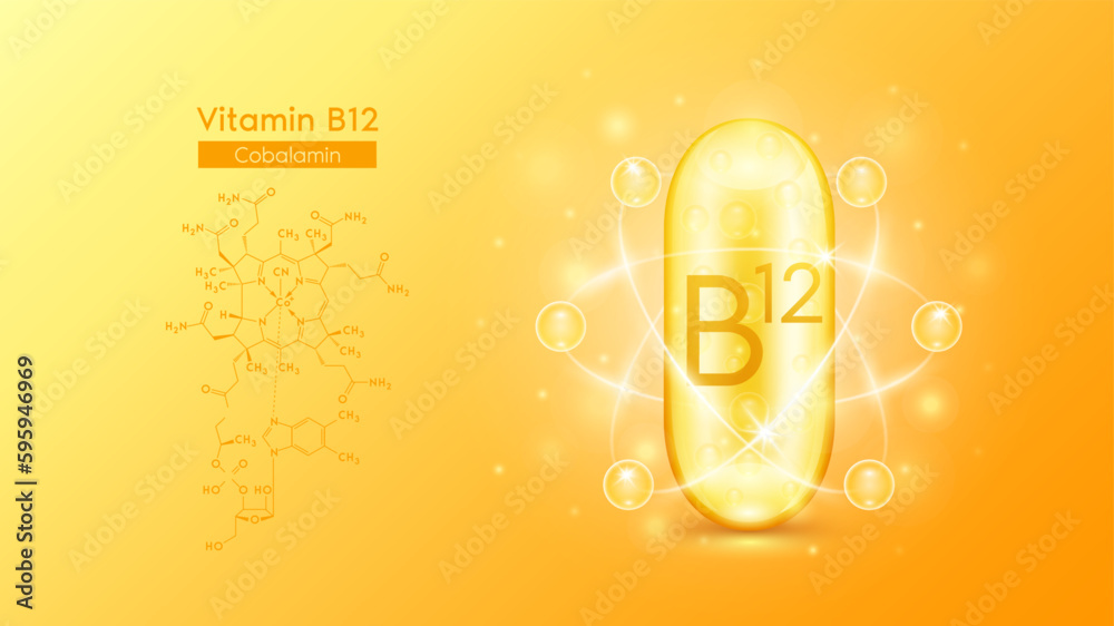 Vetor de Gold oil capsule vitamin B12 or Cobalamin and structure ...