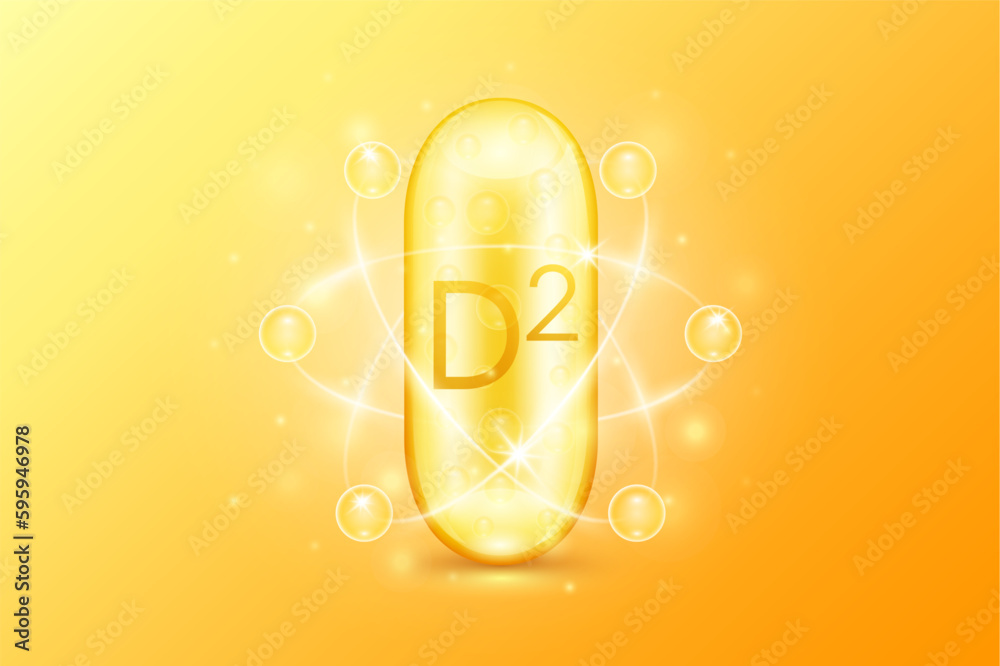Gold oil capsule vitamin D2. Pill multivitamin complex with bubble ...