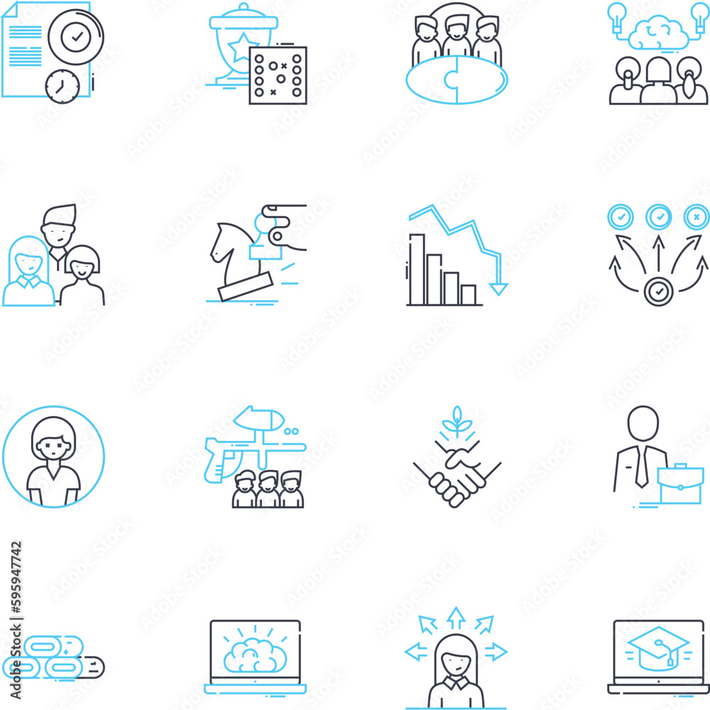 Social group linear icons set. Community, Nerk, Tribe, Squad, Gang ...