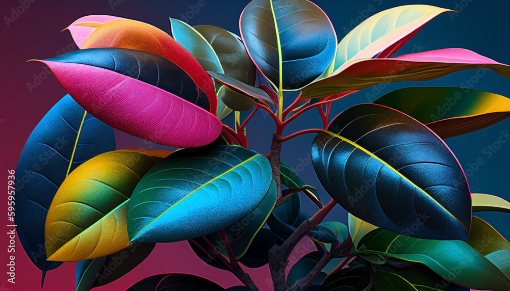 rubber plant in a pot on a colorful background. Vibrant plant leaves in ...