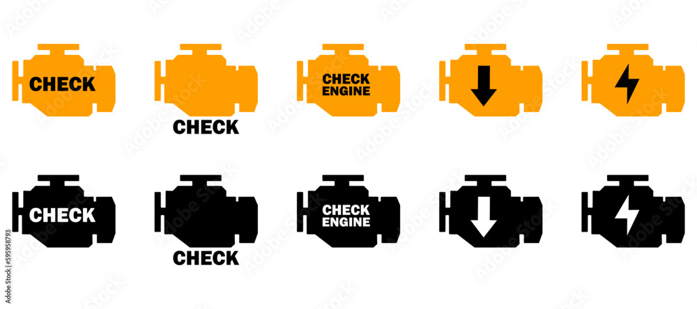 Yellow and black engine check icons set. Check engine car icon ...
