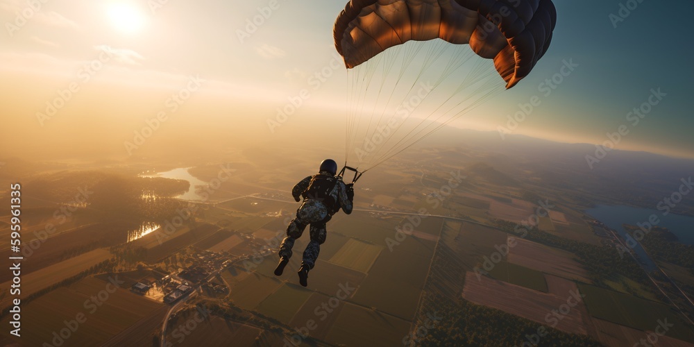 Parachuting. Action sport. Paratroopers or parachutist free-falling and ...