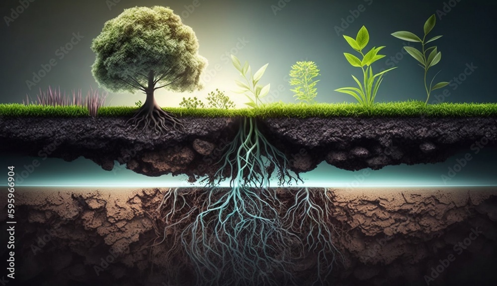 Plants growing on the surface and roots underground, earth section ...