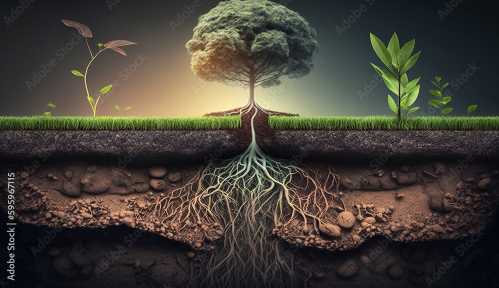 Plants growing on the surface and roots underground, earth section ...