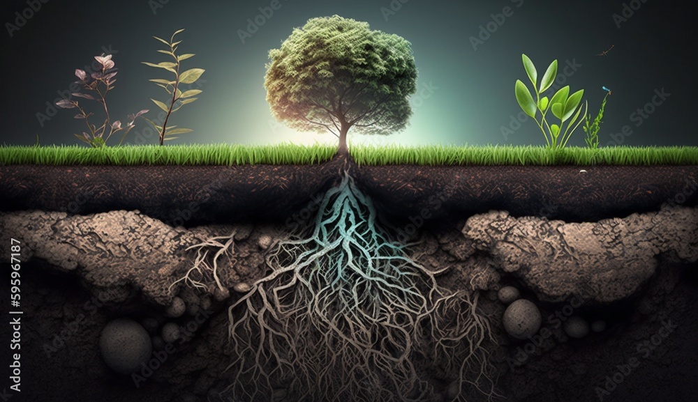 Plants growing on the surface and roots underground, earth section ...