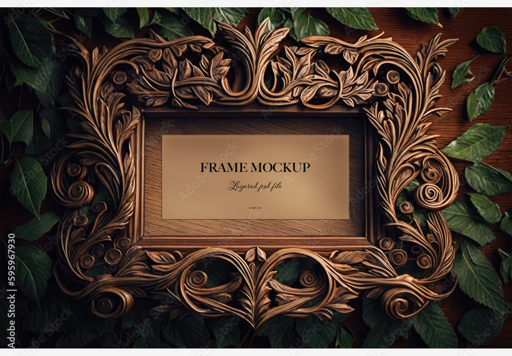 Natural Wood Frame With Leaf Decor And Potted Plant On Wooden Table And ...