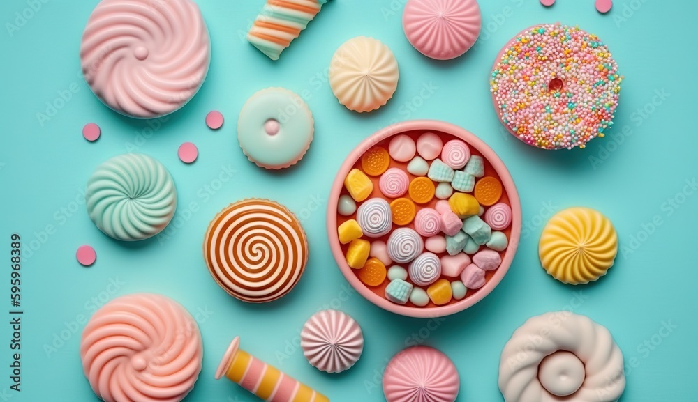 Candies, marmalades, and other sweets, arranged in a rainbow of colors ...