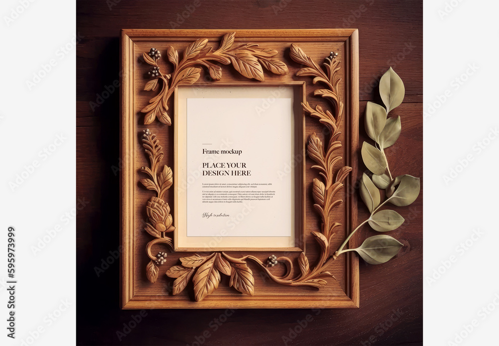Natural Wood Frame With Leaves And Branches On Table Top - Perfect For ...