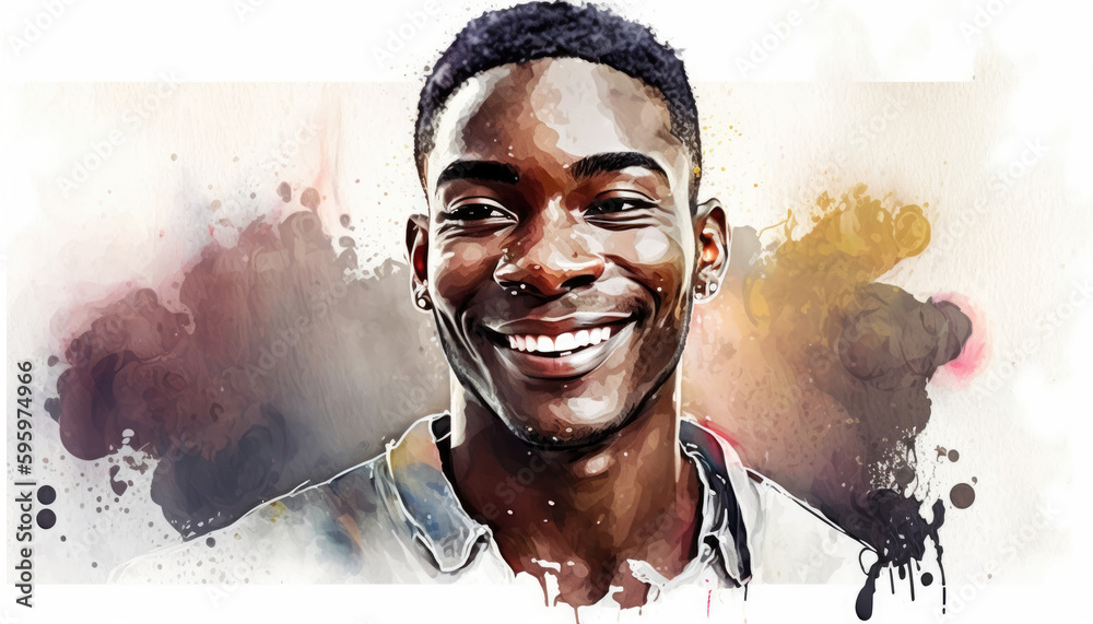 Portrait of cheerful smiling black man, generative ai watercolor ...