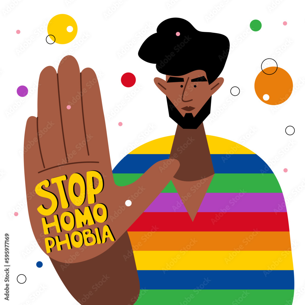 The LGBTQ man, African American male hold a hand with lettering STOP ...