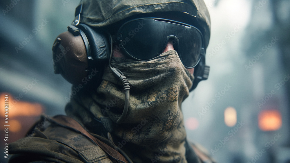 Special forces soldier in disguise in combat, intense environment ...