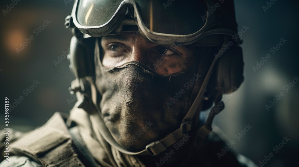 Special forces soldier in disguise in combat, intense enviroment ...