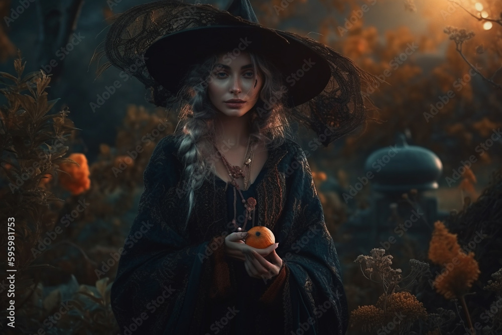 Beautiful witch in cone cap in Halloween evning in outdoor, created ...