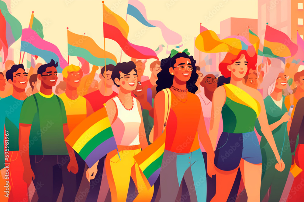 Colorful Cartoon Illustration Depicting Young People Marching with ...