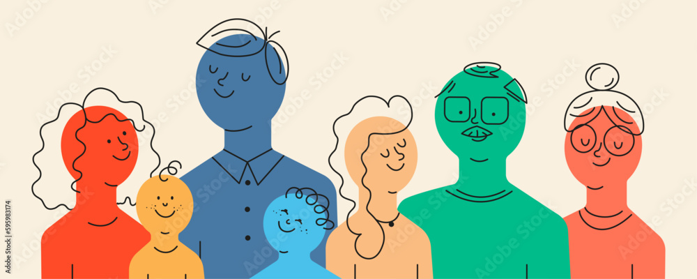 Large family of seven, in a flat design style. Mom, dad, children ...