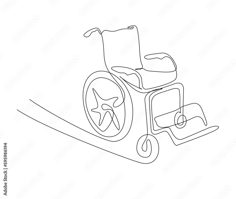 Continuous line art drawing of medical wheelchair. wheel chair single ...