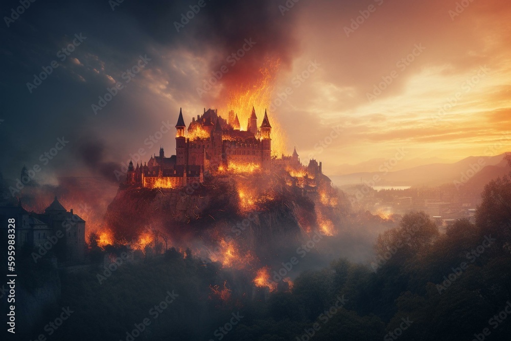 Burning medieval city with high castle on fiery backdrop. Perfect for mystery, fantasy novel, or ...
