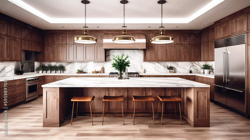 Front facing gourmet kitchen with marble counters, large island with ...