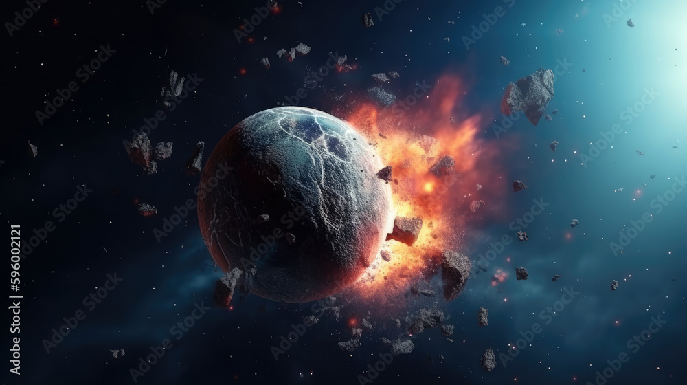 Planet Destroyed in the space surrounding with stars, flares, asteroids ...