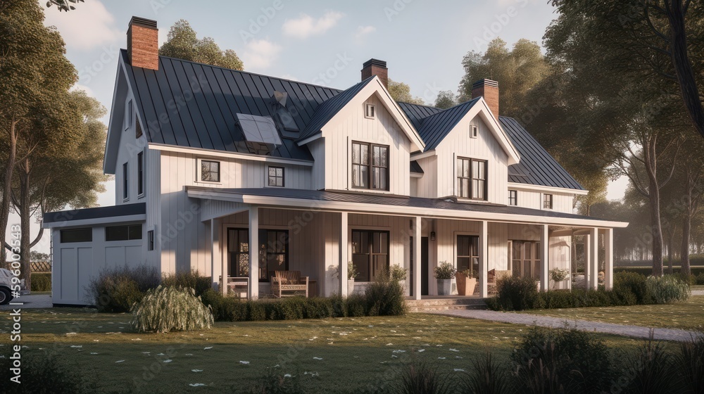 Farmhouse exterior house design in daytime golden hour generative ai ...